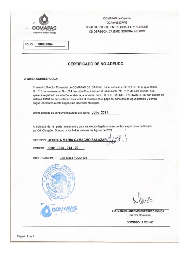 Carta de No Adeudo de Agua | PDF