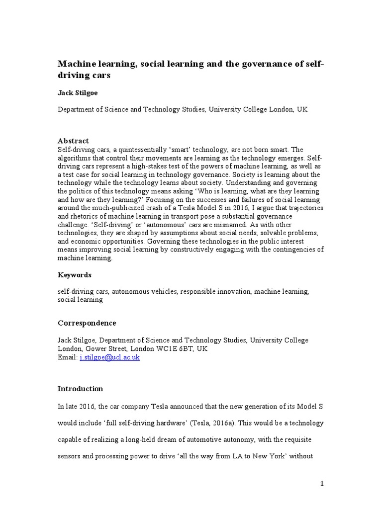 Stilgoe - Machine Learning, Social Learning and The Governance of Self-Driving Cars - AAM | PDF ...