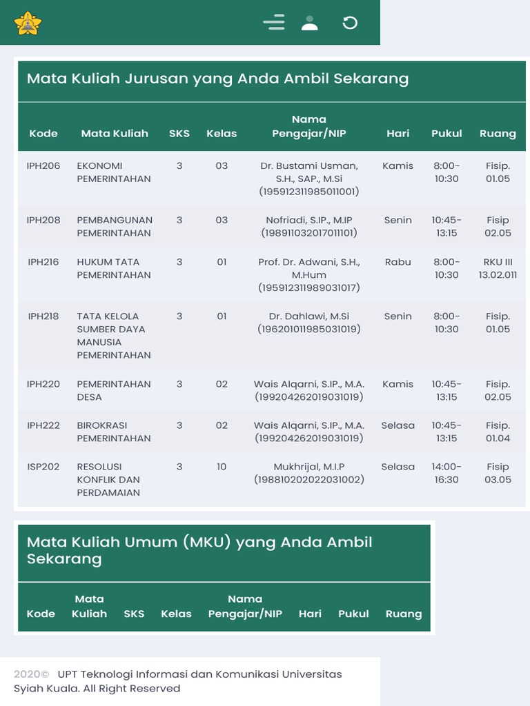 Mata Kuliah Jurusan Yang Anda Ambil Sekarang: Kode Mata Kuliah SKS Kelas Nama Pengajar/NIP Hari ...