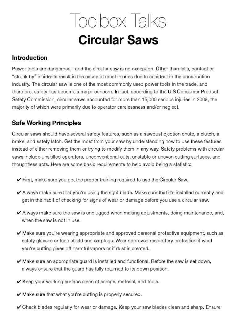 Circular Saws: Toolbox Talks | PDF | Occupational Safety And Health ...