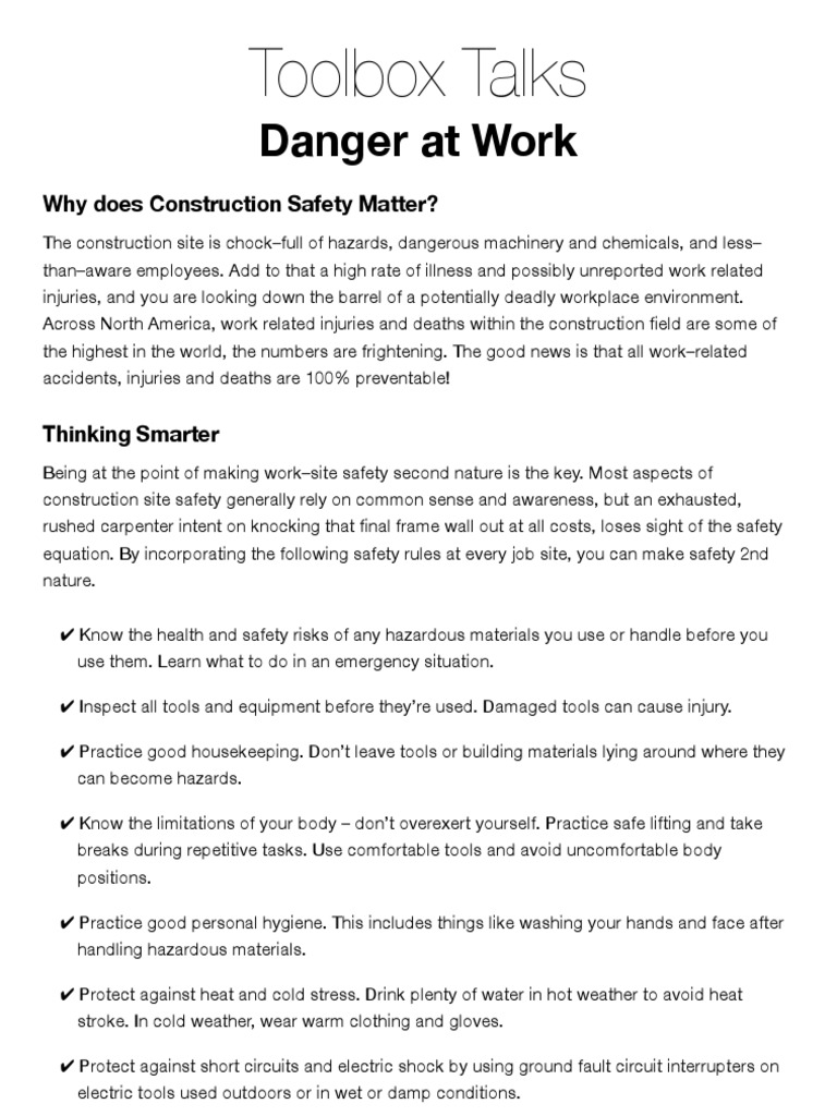 Danger at Work: Toolbox Talks | PDF | Occupational Safety And Health ...