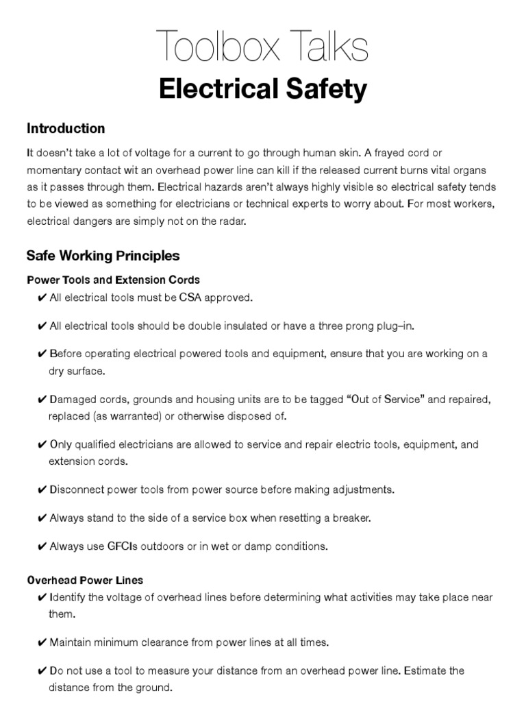 Electrical Safety: Toolbox Talks | PDF | Occupational Safety And Health ...