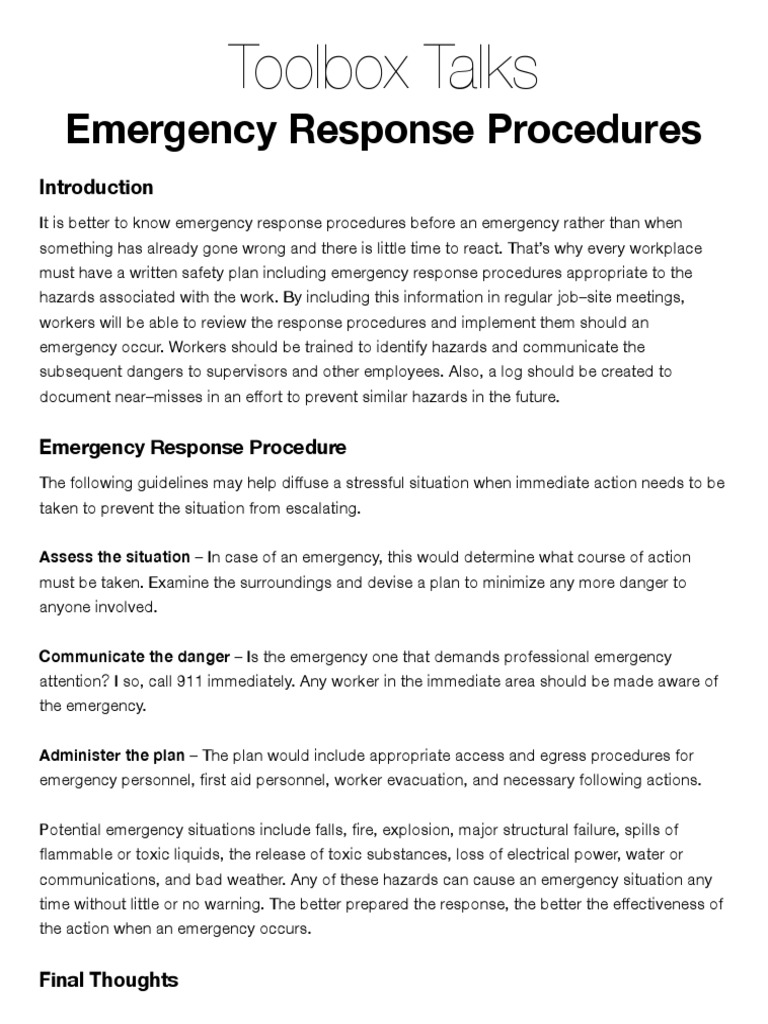 Emergency Response Procedures: Toolbox Talks | PDF | Occupational ...