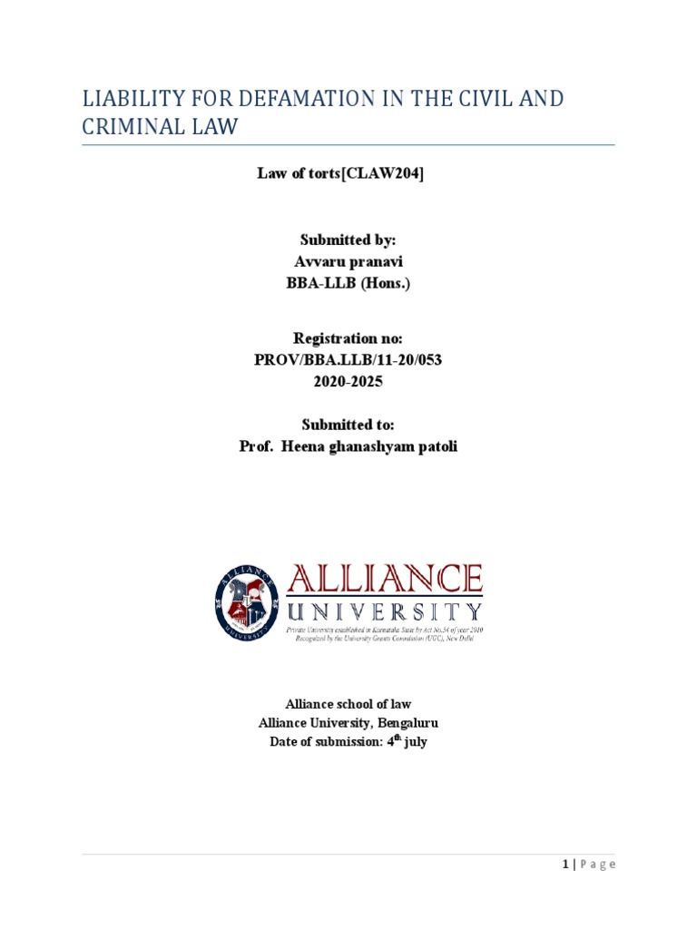 Liability For Defamation in The Civil and Criminal Law: Law of Torts ...