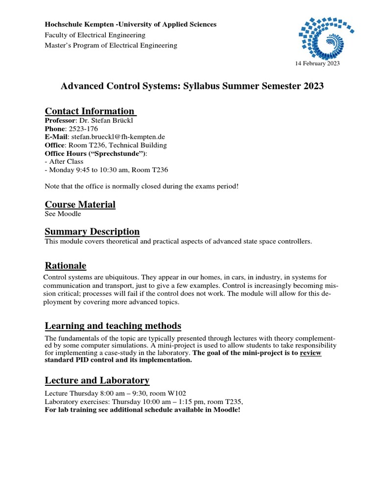 AdCo Syllabus | PDF | Control Theory | Applied Mathematics