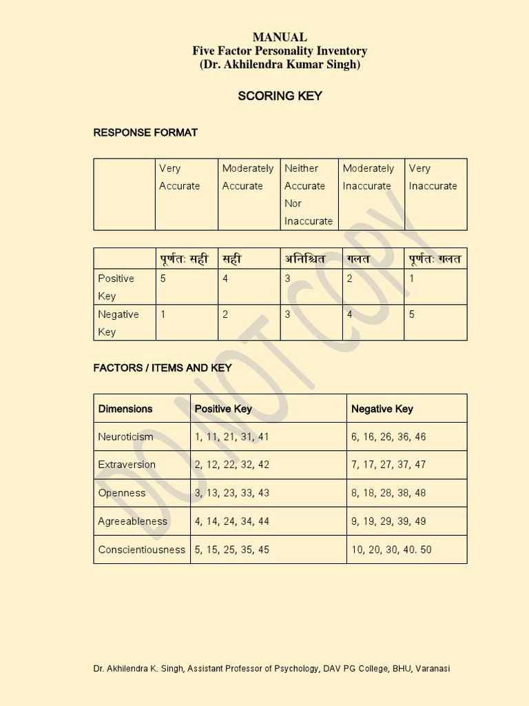 Scoring Key: Manual Five Factor Personality Inventory (Dr. Akhilendra Kumar Singh) | PDF ...