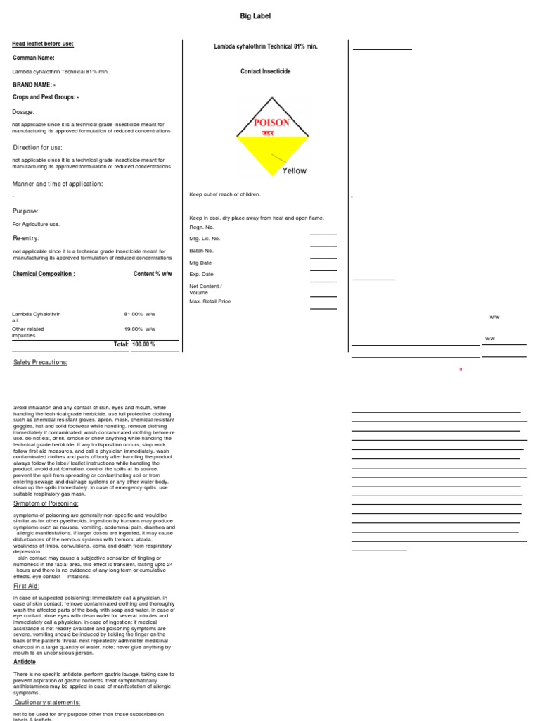 Lambda Cyhalothrin Technical 81 Label | PDF | Insecticide | Pesticide