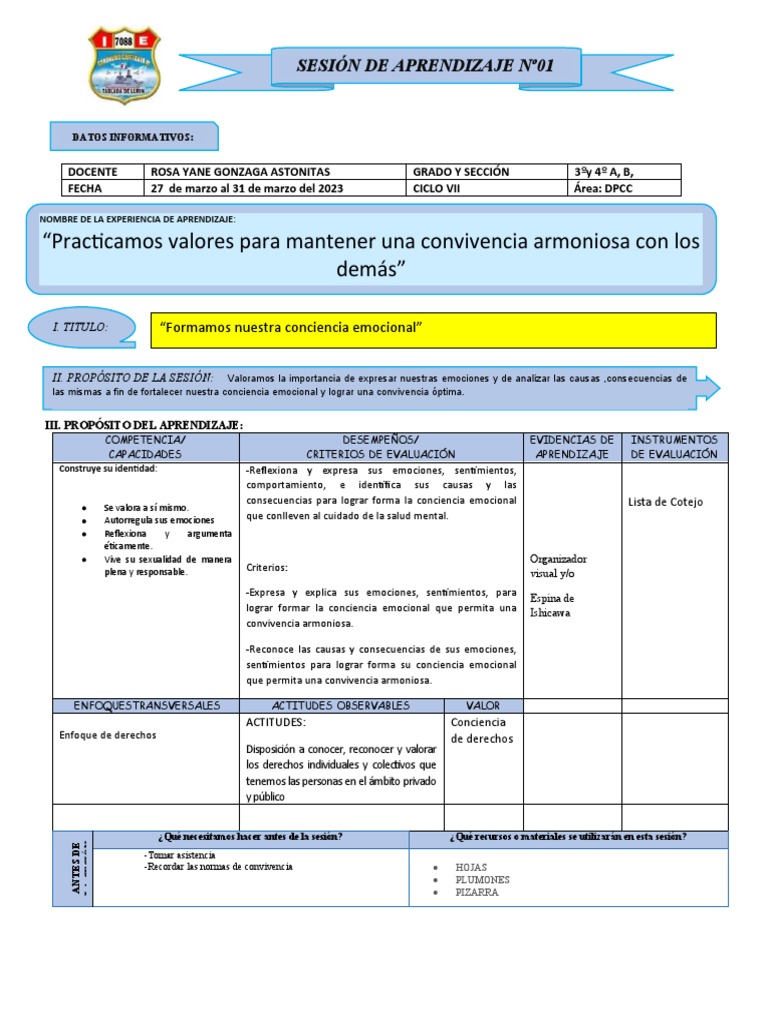 Modelo de sesion de aprendizaje VII | PDF | Las emociones | Evaluación