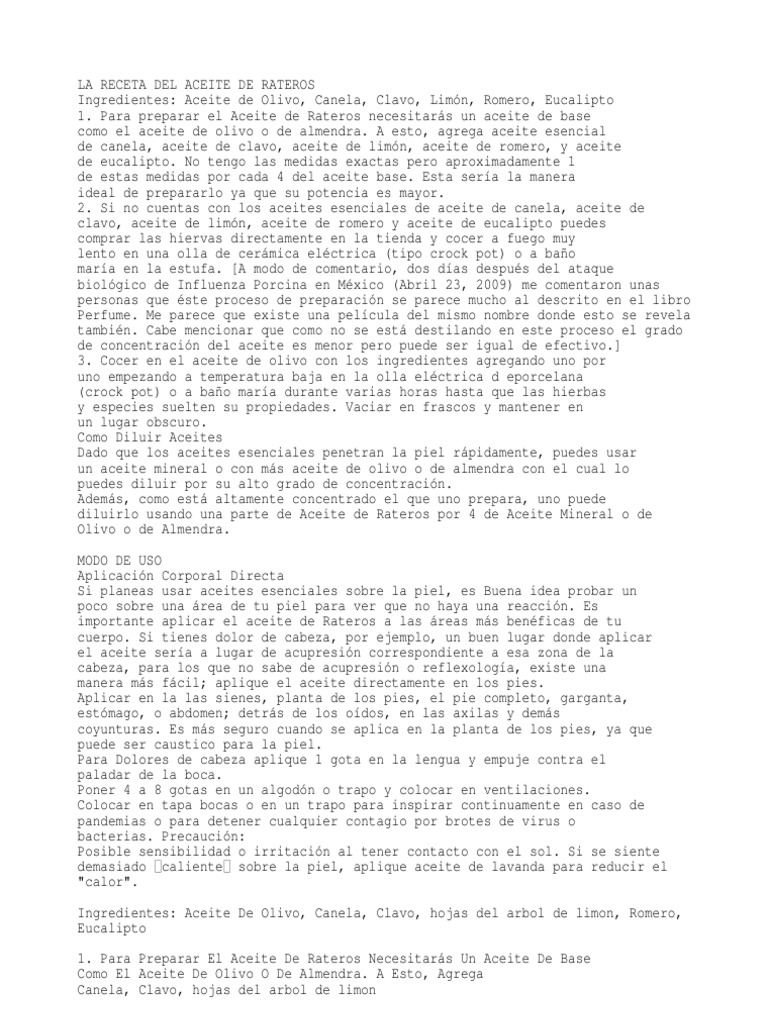 Receta del Aceite de Rateros | PDF | Olla de cocción lenta | Petróleo