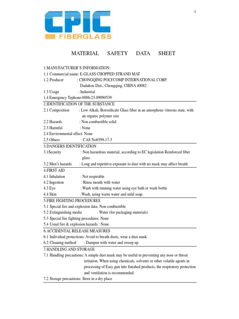 FICHA DE SEGURIDAD EMC Fibra Mat CPIC | PDF | Fiberglass | Toxicity