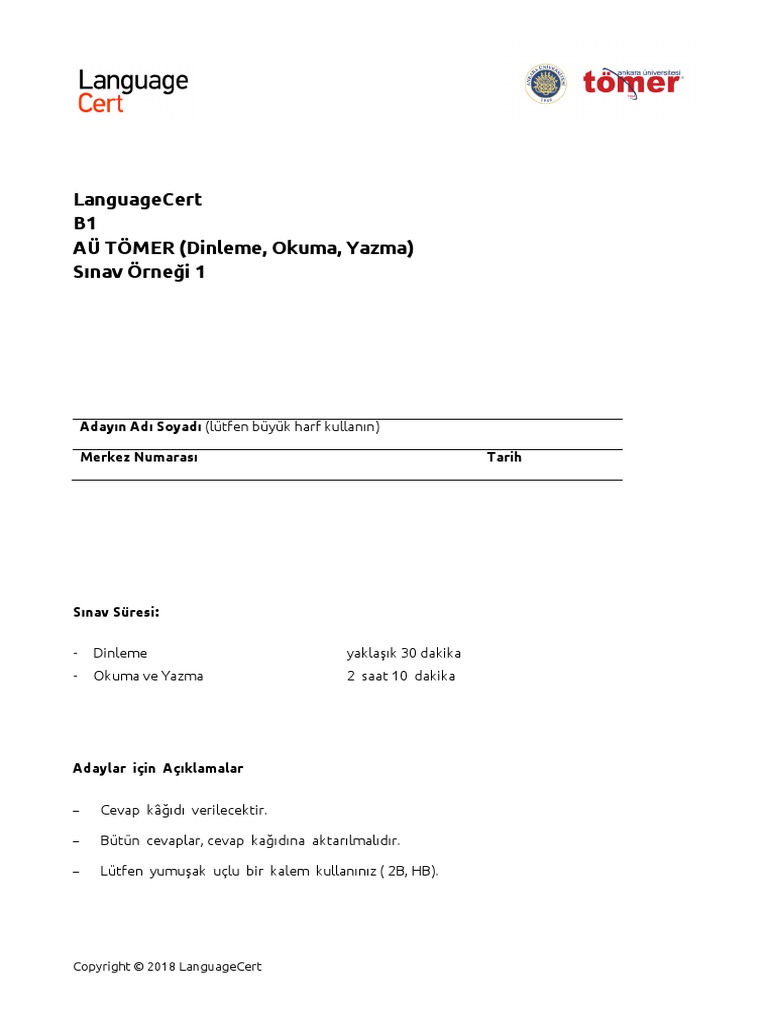 B1 Practice Paper Turkish Written | PDF