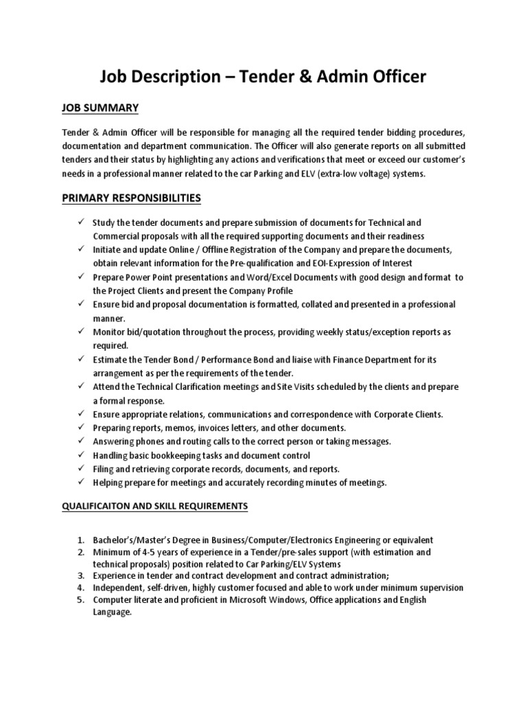 Tender & Admin Officer Job Description | PDF | Résumé | Saudi Arabia