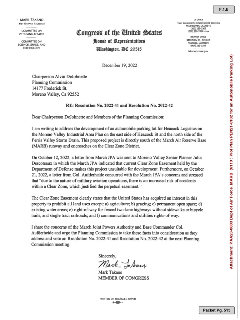 Letter From Rep. Mark Takano, D-Riverside, Regarding Proposed Parking ...
