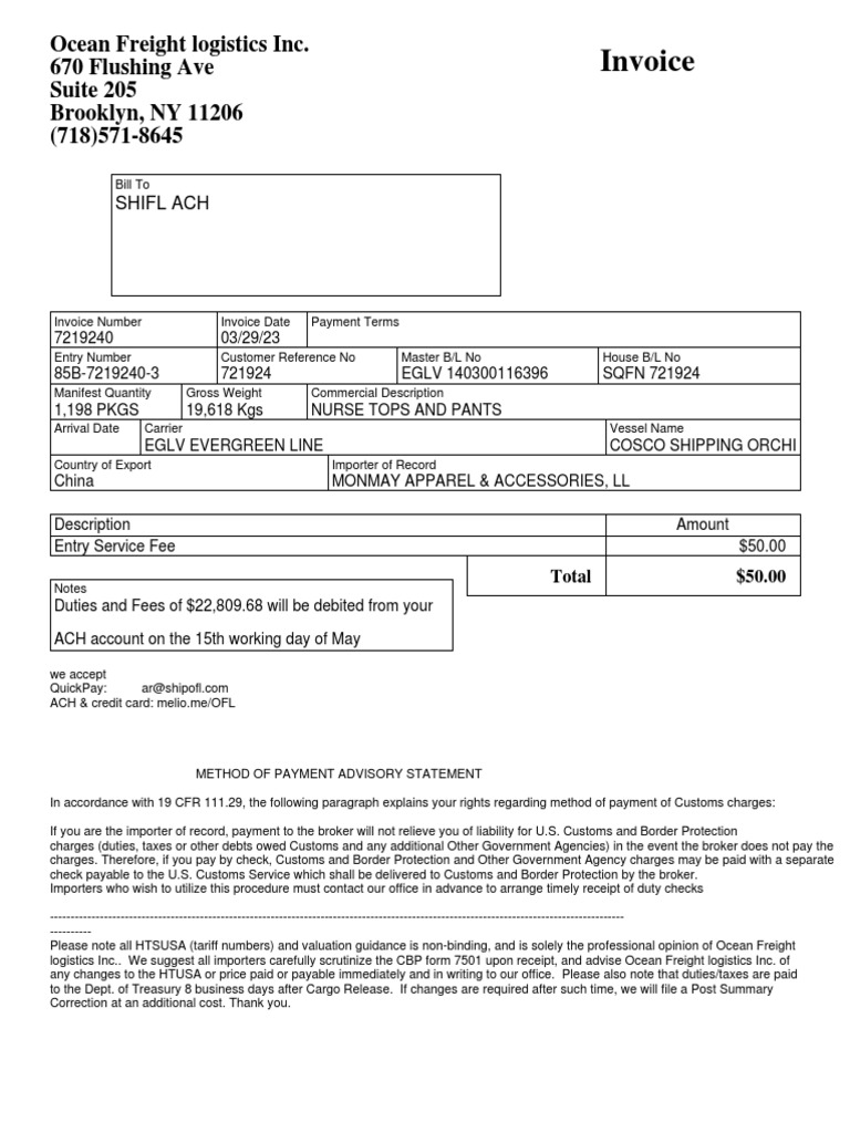 Invoice 7219240 | PDF | Customs | Payments