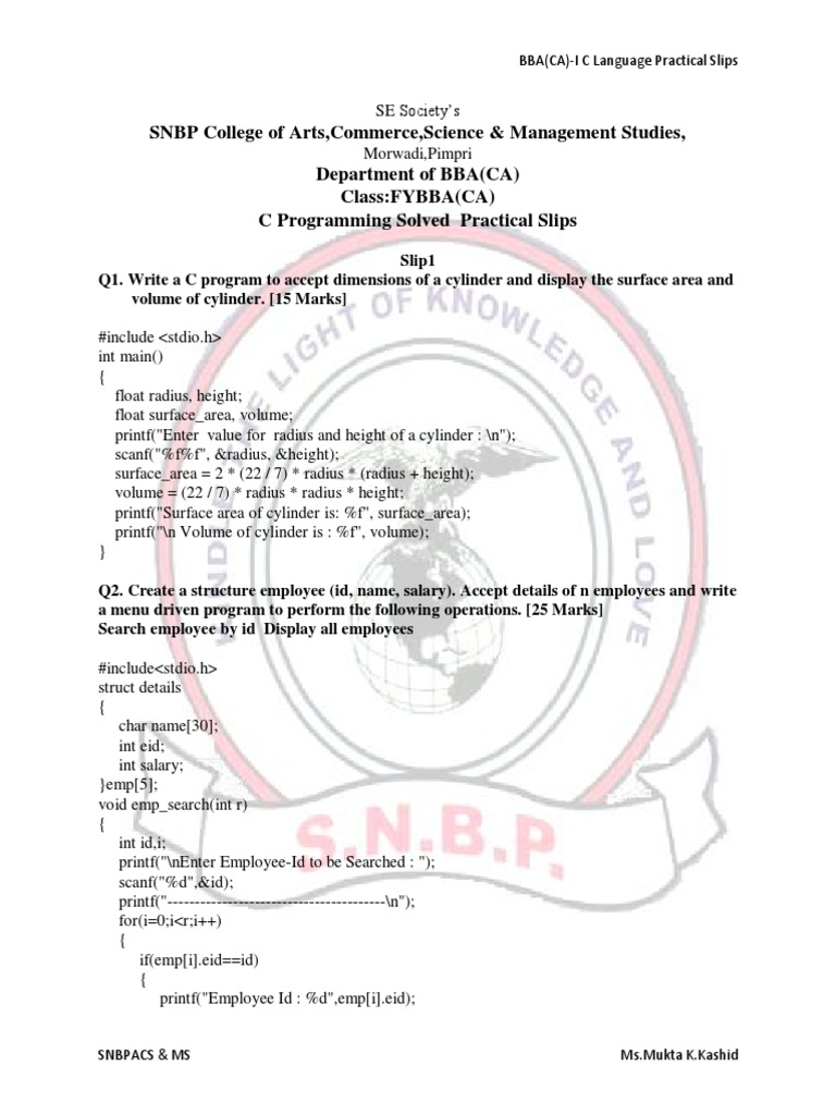 C Programming Practical Slips | PDF | Matrix (Mathematics) | Area