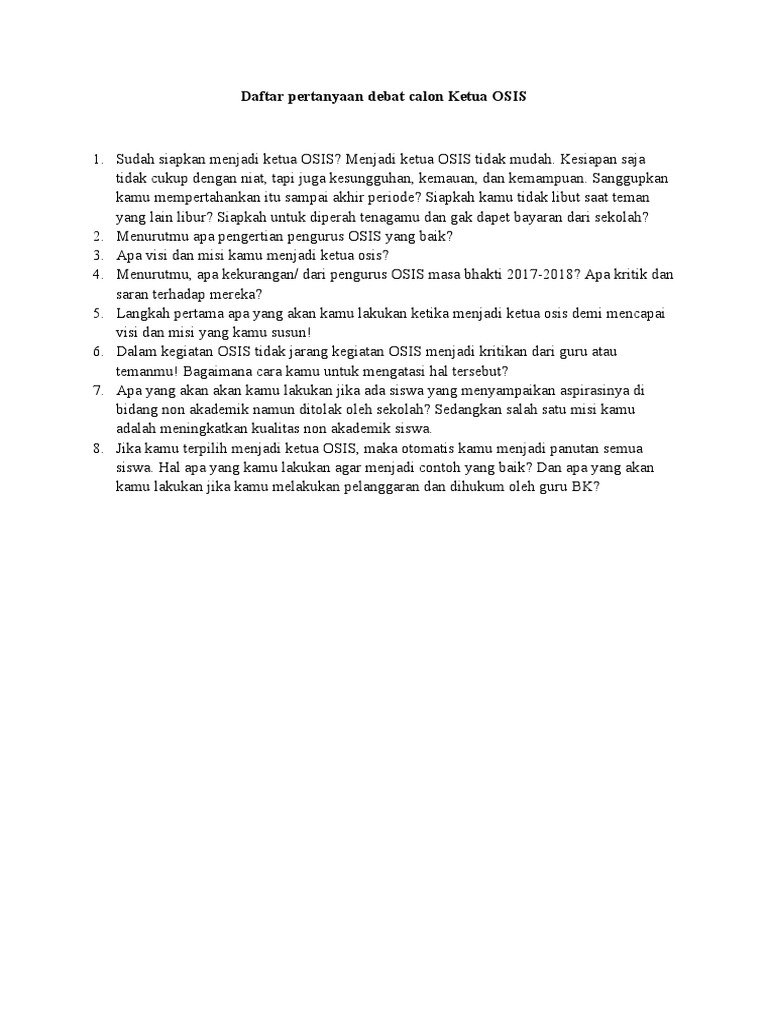 Daftar Pertanyaan Debat Calon Ketua OSIS | PDF