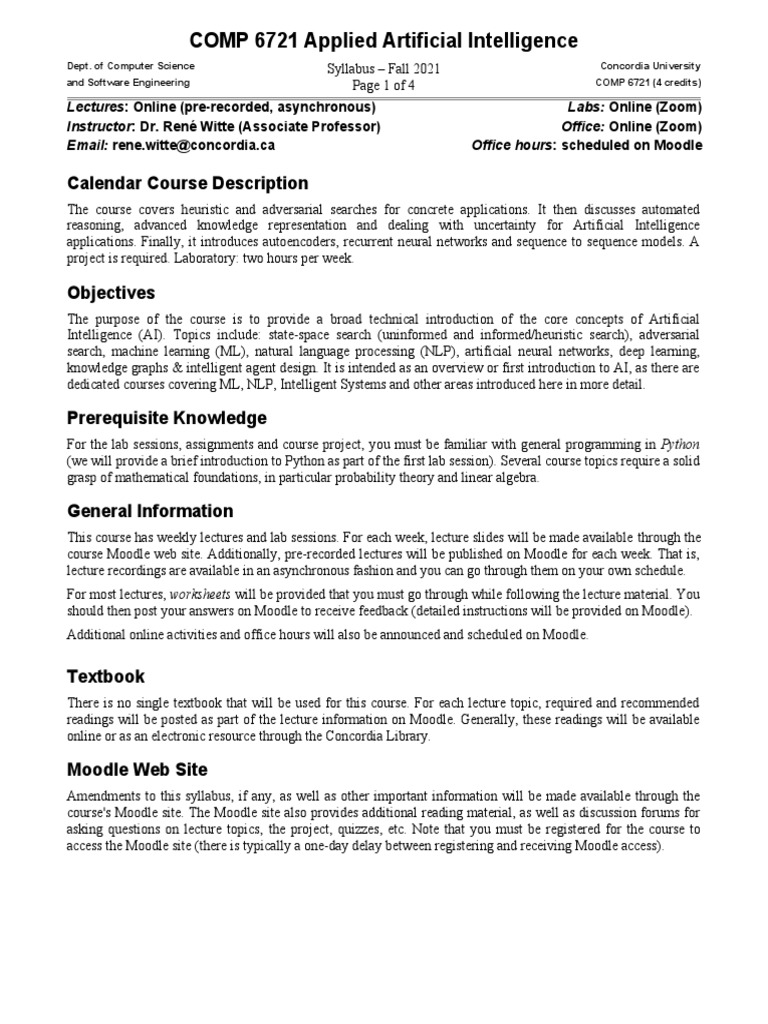 Course Outline Comp6721 f2021 | PDF | Machine Learning | Artificial Intelligence