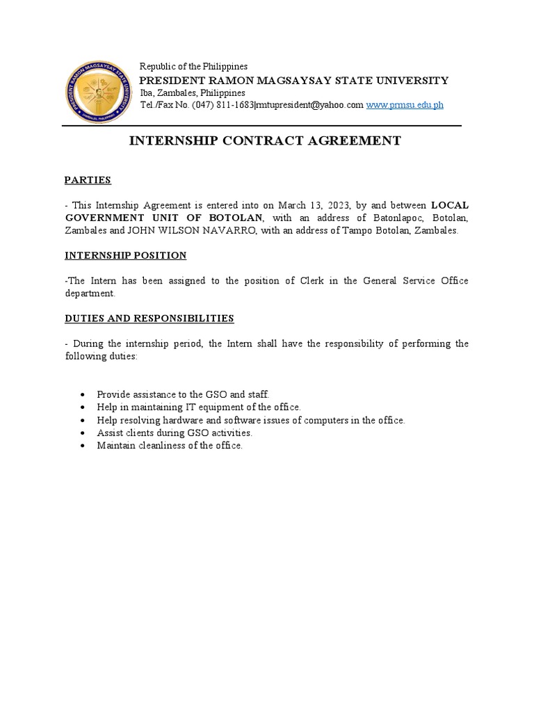 Internship Contract Agreement: President Ramon Magsaysay State ...