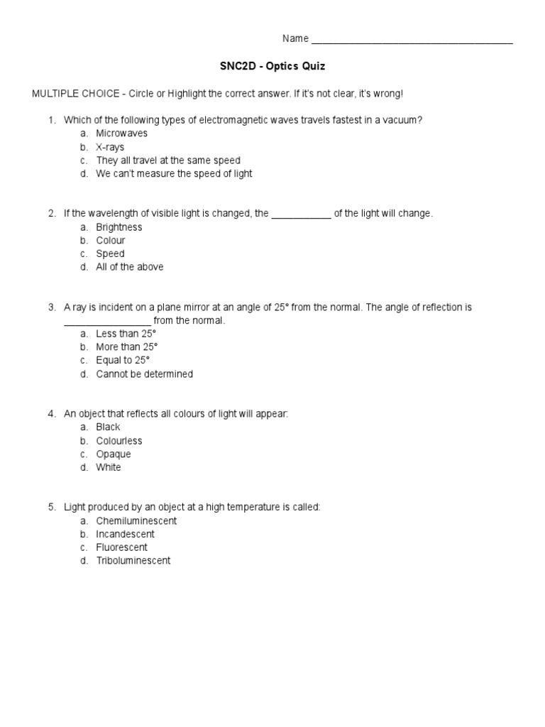SNC2D - Optics Quiz | PDF | Light | Reflection (Physics)