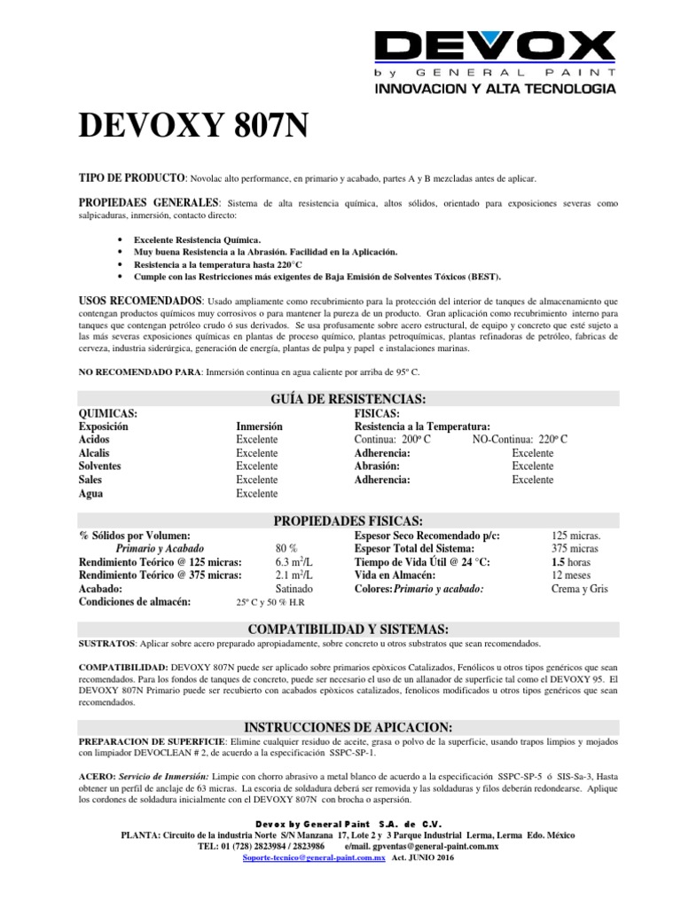 Recubrimiento Químico DEVOXY 807N | PDF | Hormigón | Agua