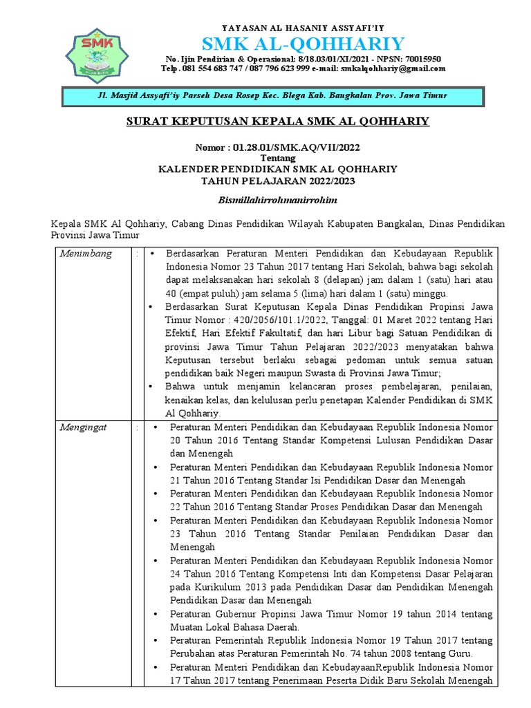 SK Kalender Pendidikan SMK AQ | PDF