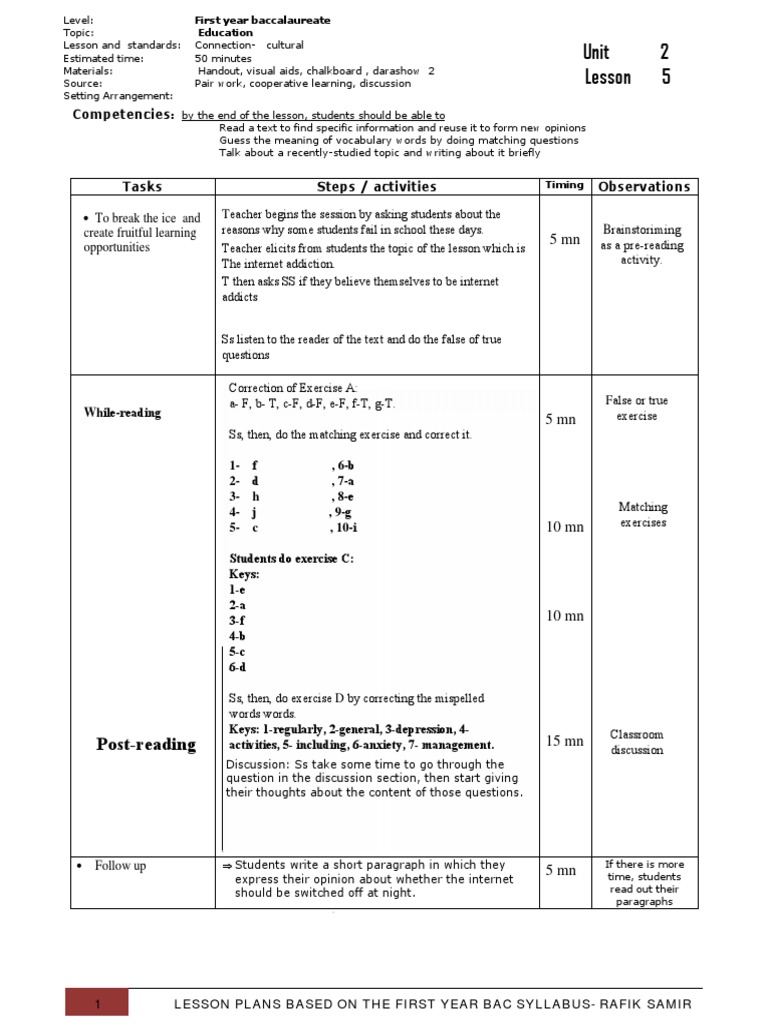 Unit 2 Lesson 5: Post-Reading | PDF | Learning | Literacy