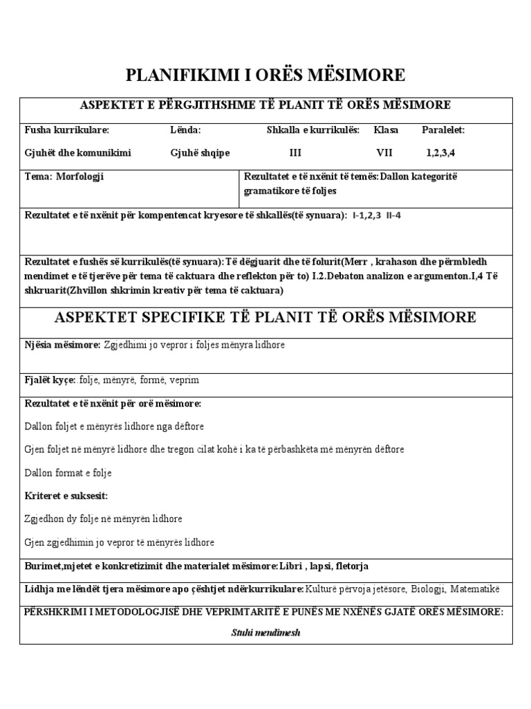 Planifikimi I Orës Mësimore | PDF