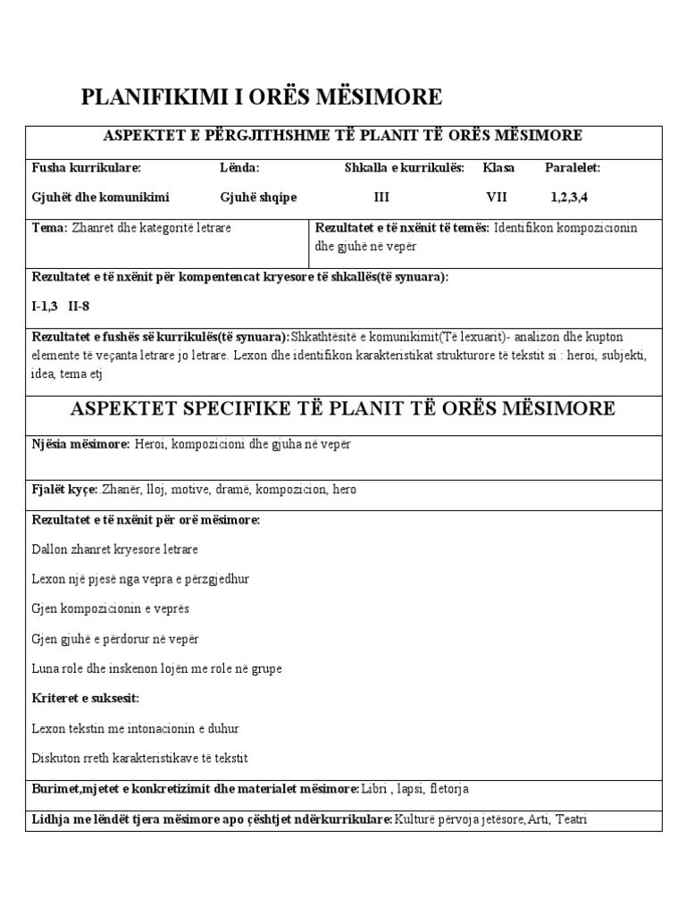 Planifikimi I Orës Mësimore | PDF