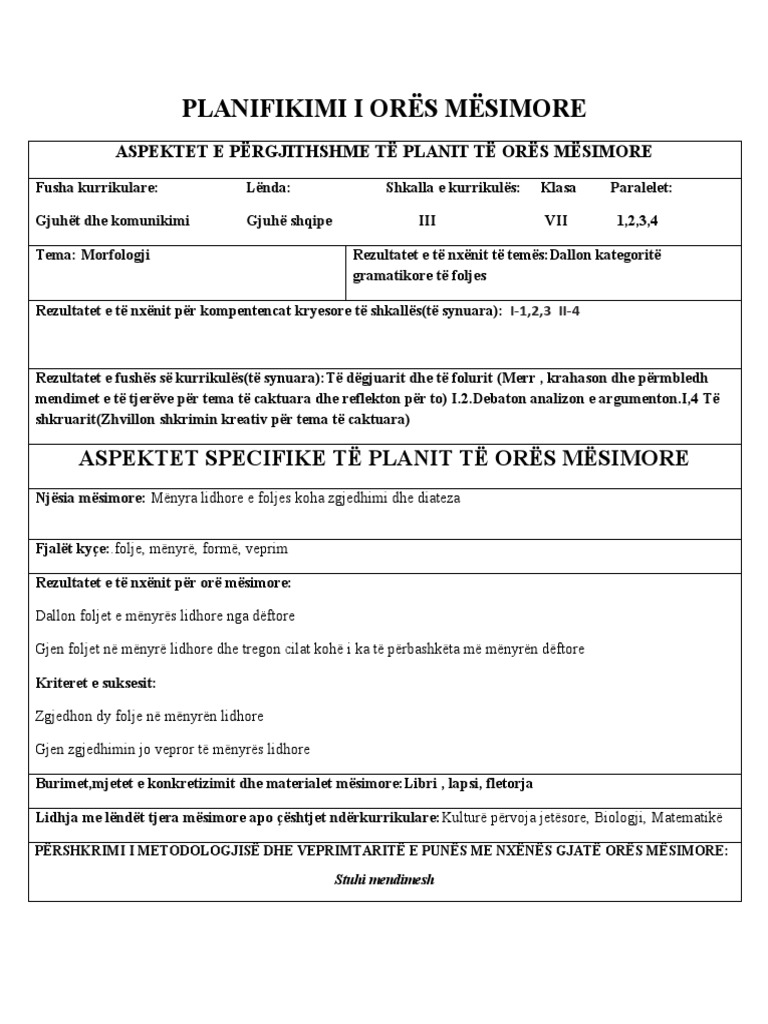 Planifikimi I Orës Mësimore | PDF