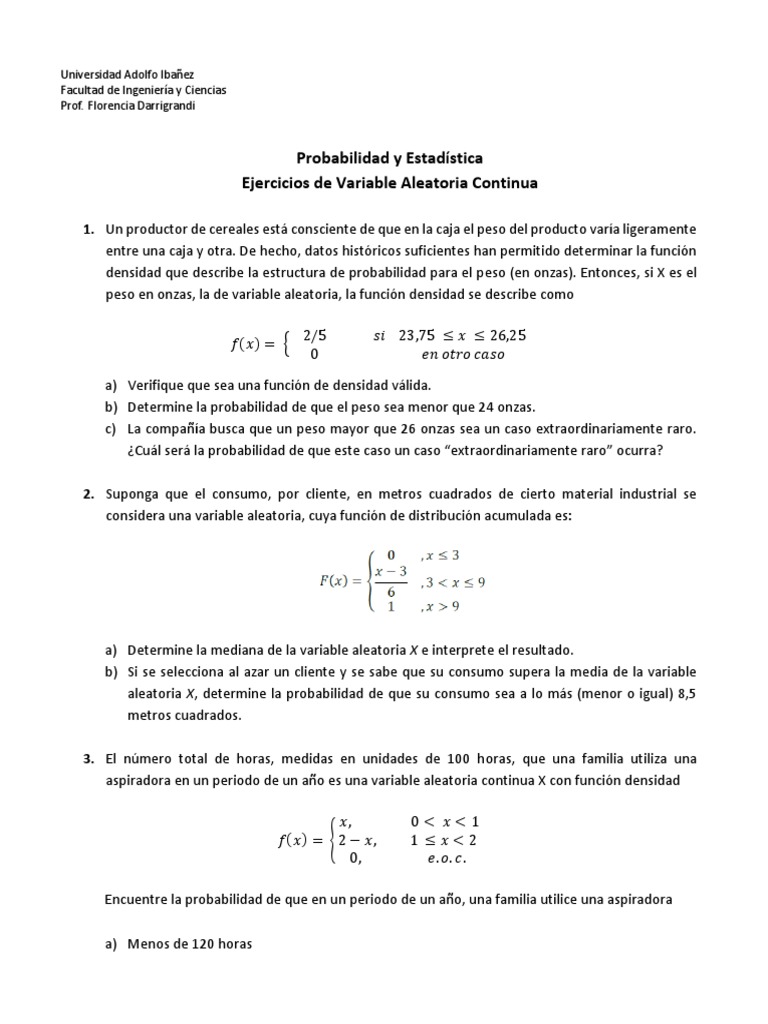 Ejercicios de Variable Aleatoria Continua | PDF | Variable aleatoria | Probabilidad