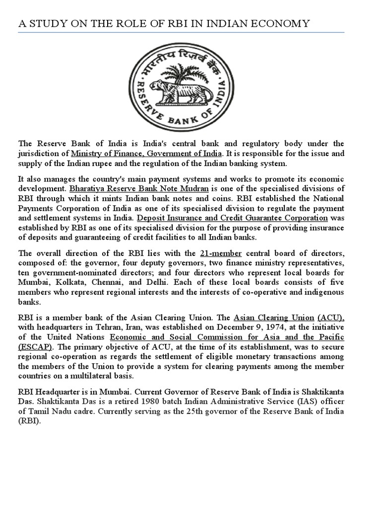 Role of RBI in Indian Economy Study | PDF | Reserve Bank Of India ...