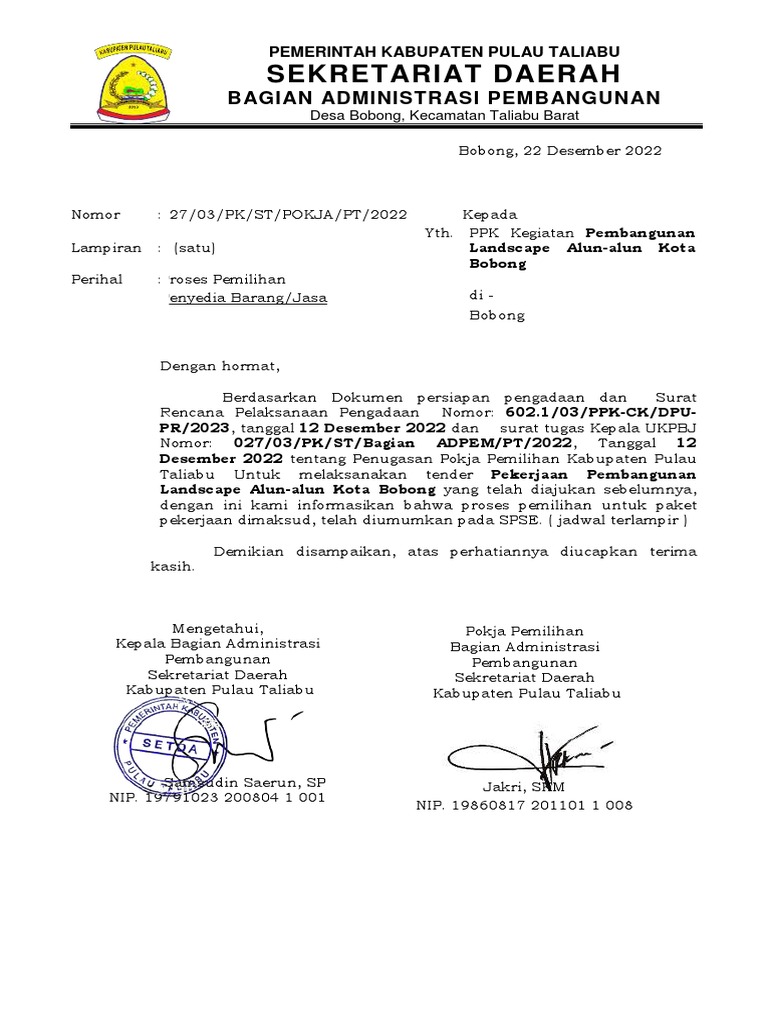 Surat Pemberitahuan Proses Tender (Kirim Ke Dinas) | PDF