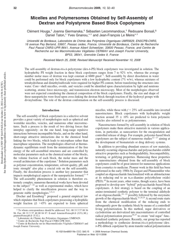 Micelles and Polymersomes Obtained by Seelf-Assembly of Dextran An ...