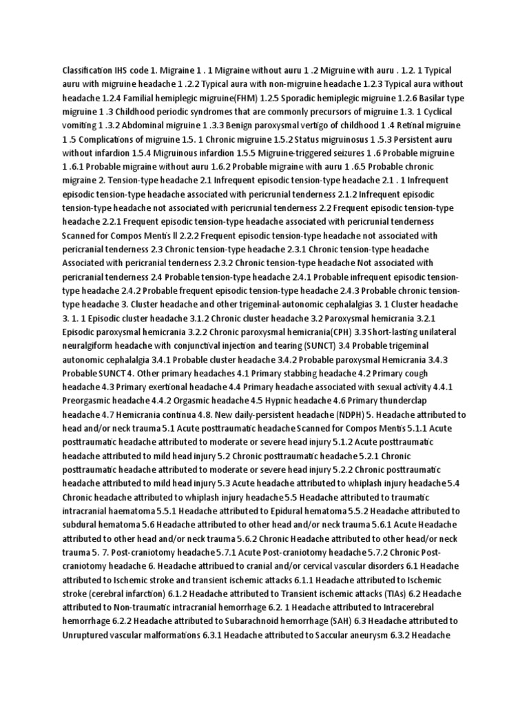 Classification IHS Code 1 | PDF | Headache | Migraine