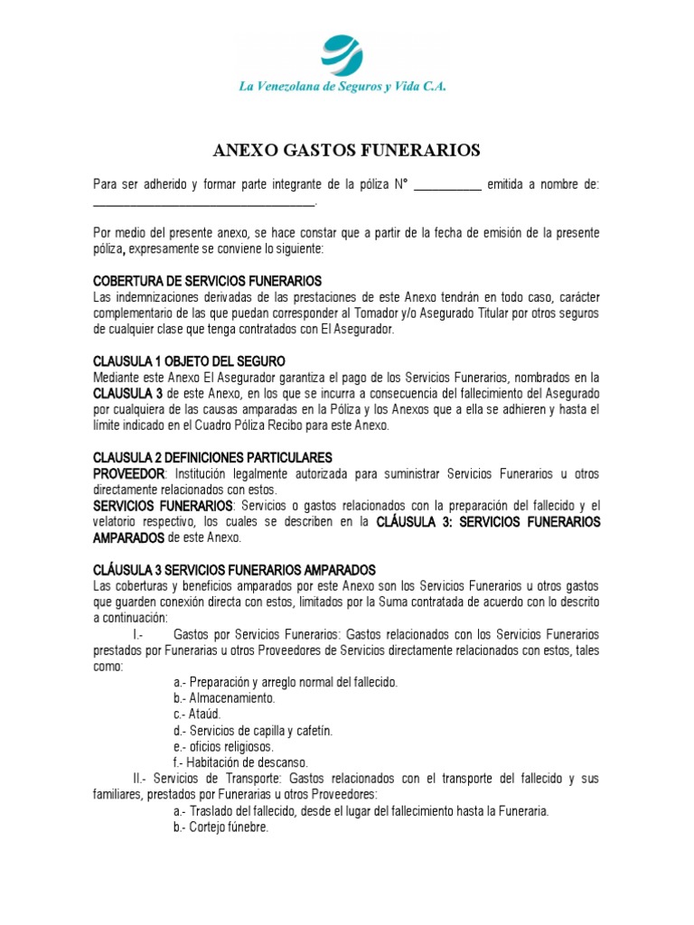 Anexo de Cobertura de Gastos Funerarios | PDF