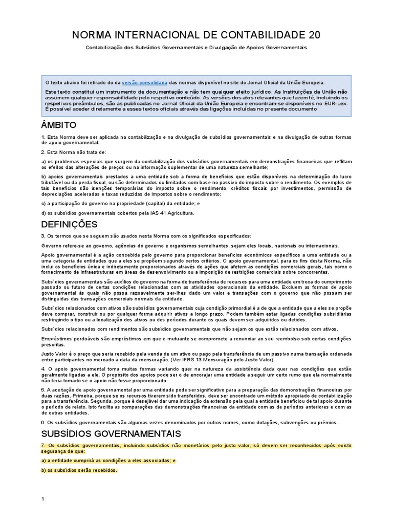 Ias 20 | Download grátis PDF | Contabilidade | Subsídio