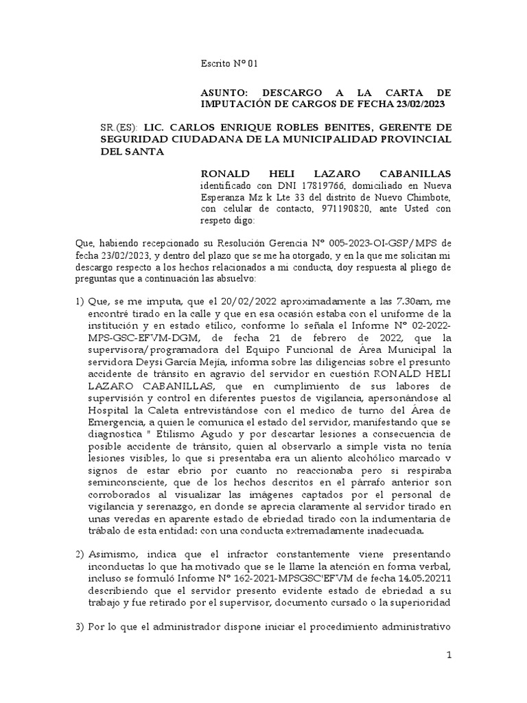 Descargo Por Imputacion de Cargos | PDF | Justicia | Crimen y violencia