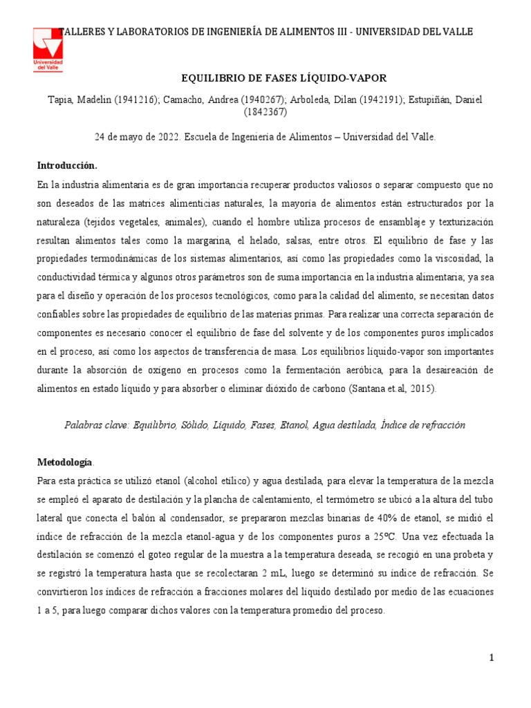Equilibrio de Fases Líquido-Vapor | PDF | Destilación | Etanol