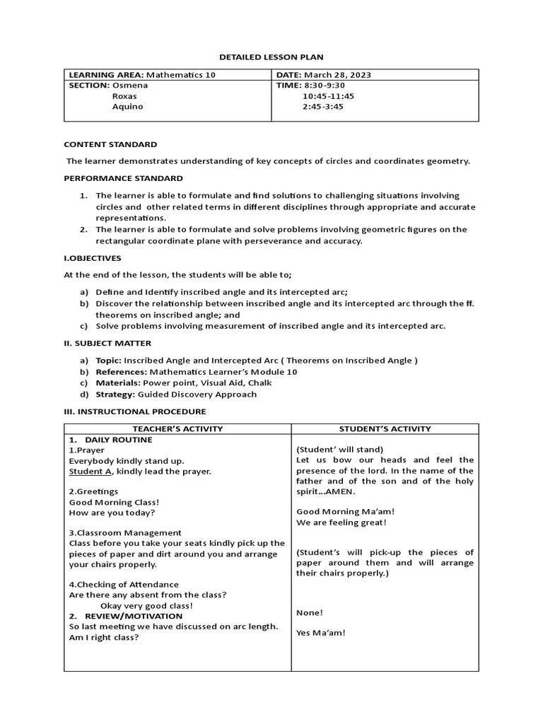 Inscribed Angles and Arcs Lesson Plan | PDF | Area | Circle