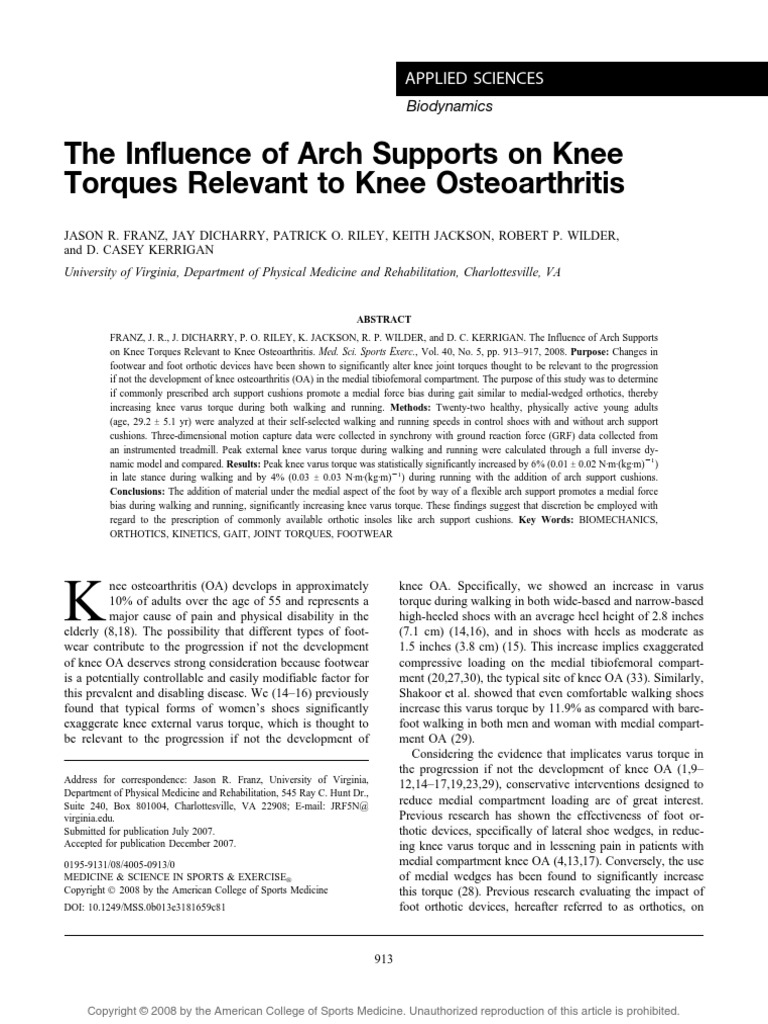 The Influence Of Arch Supports On Knee Torques Relevant To Knee Osteoarthritis Pdf Knee