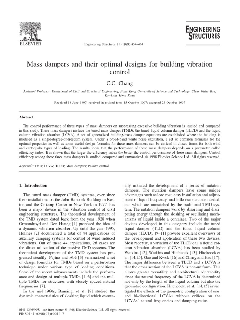 (1999) Mass Dampers and Their Optimal Designs For Building Vibratrion ... (1999) Mass Dampers and Their Optimal Designs For Building Vibratrion ...