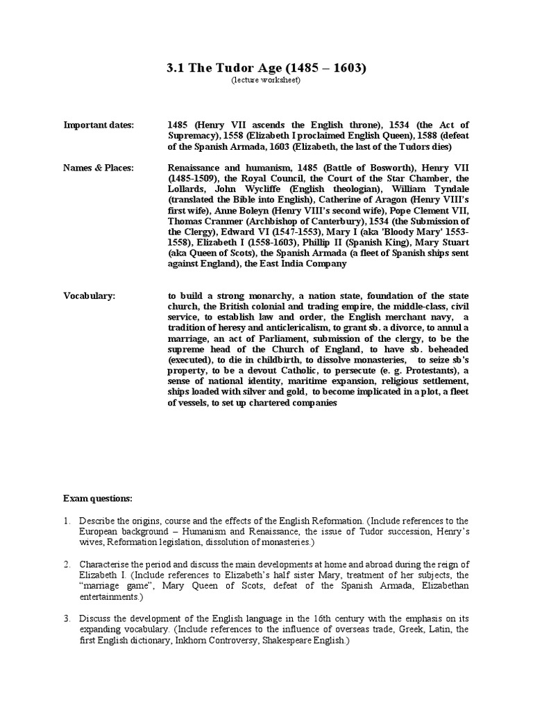 3.1 Tudor Age, HiB&US, Lecture Worksheet | PDF | House Of Tudor ...