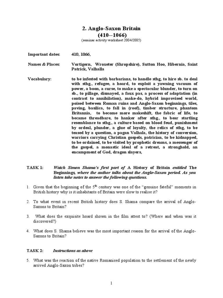 02 Anglo-Saxon Britain-Video-Worksheet | PDF | Anglo Saxons | Middle Ages