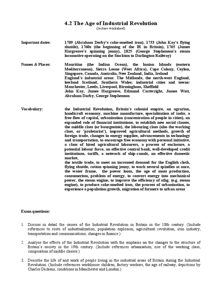 4.2 Industrial Revolution, HiB&US Lecture Worksheet | PDF | Industrial ...