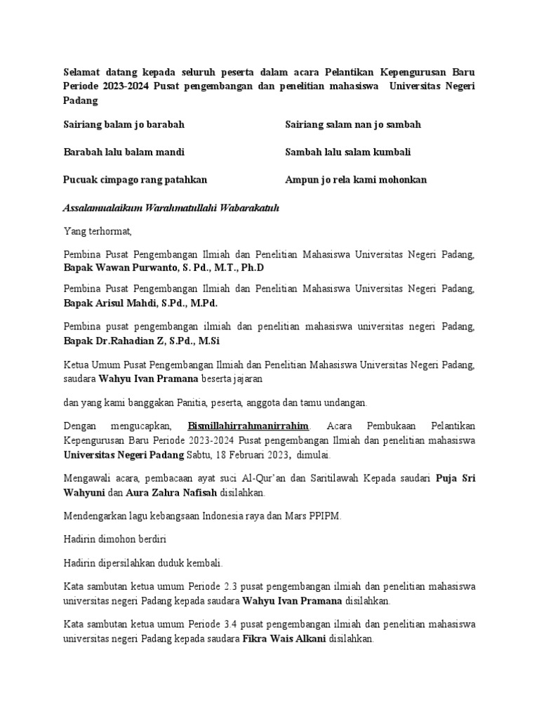 Teks Mc Pelantikan Kepengurusan 3 4 Versi 1 Pdf