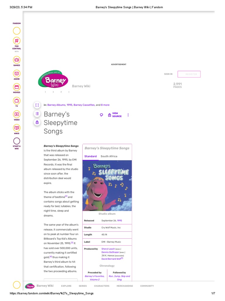 Barney's Sleepytime Songs - Barney Wiki - Fandom | PDF | Fandom