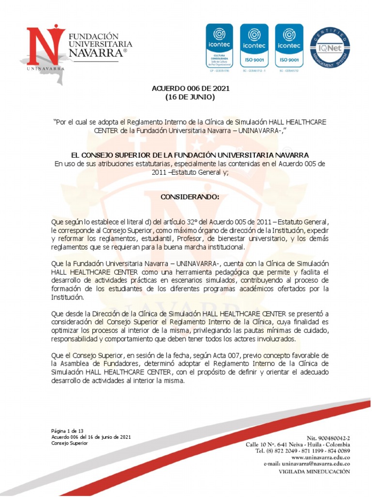 Acuerdo 006 - Reglamento Clinica de Simulacion Hall Healthcare Center | PDF | Simulación ...