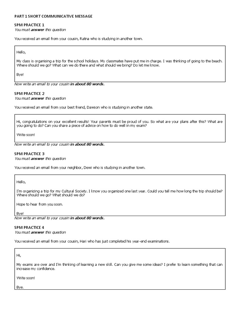 Part 1 Short Communicative Message SPM Practice 1 | PDF
