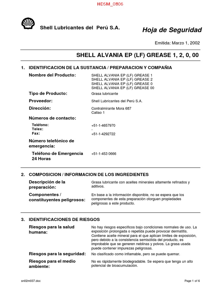 HDSM - 0806 - Shell Alvania Ep (LF) Grease | PDF | Agua | Residuos