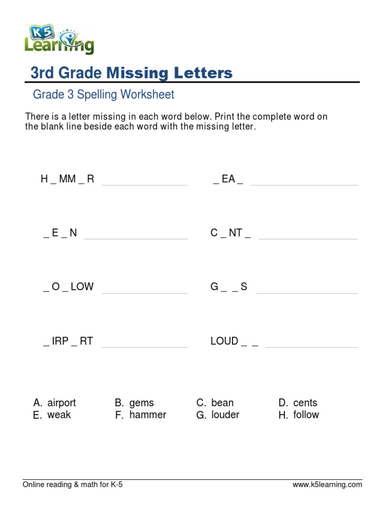 Grade 3 Missing Letters 1 | PDF